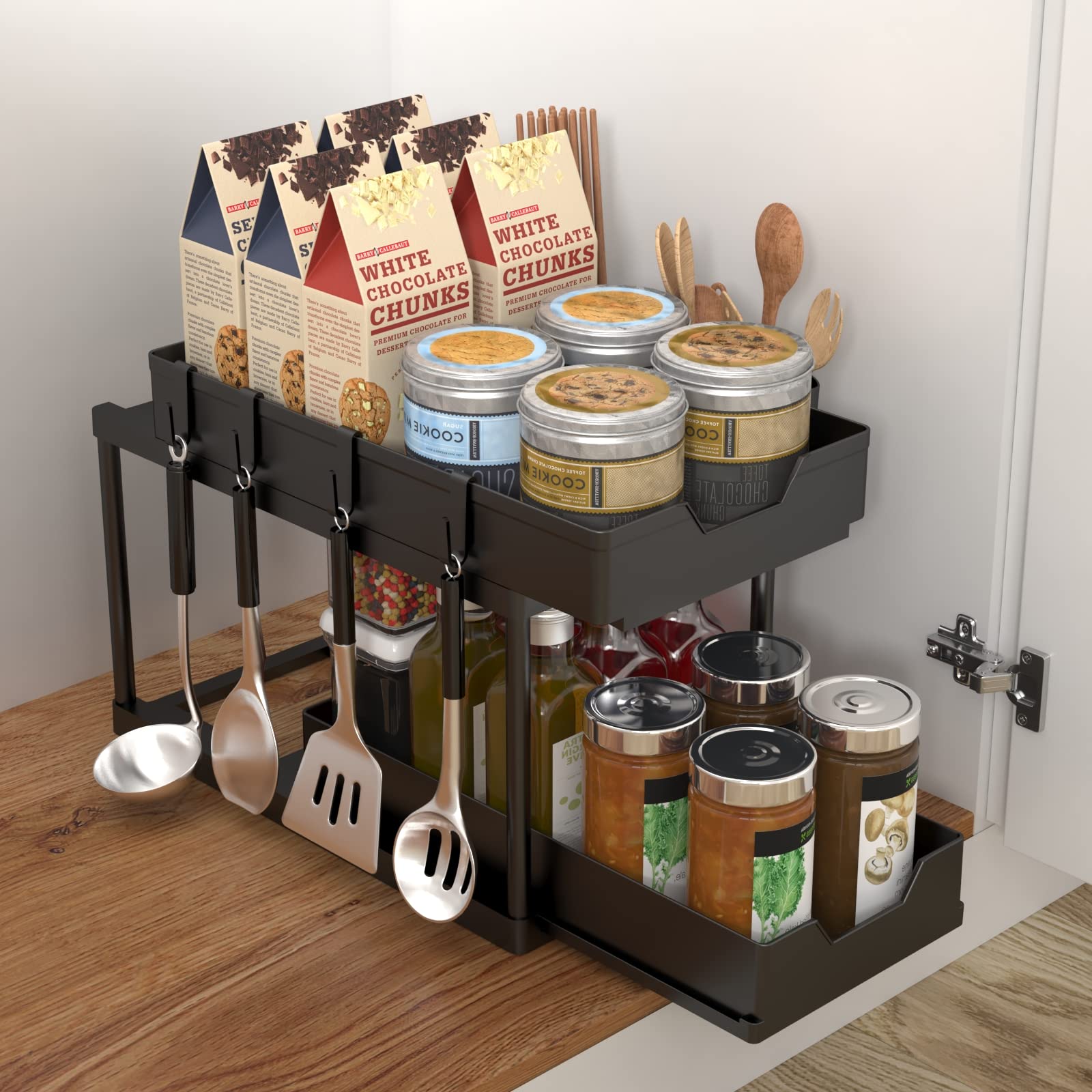 2-Tier Under Sink Organizer, Double Sliding Cabinet Storage Drawer, Storage Pull For Home Bathroom Kitchen Pantry Office, with 4 Hooks 2 Hanging Cups 4 Dividers 4 Non-Slip Feet