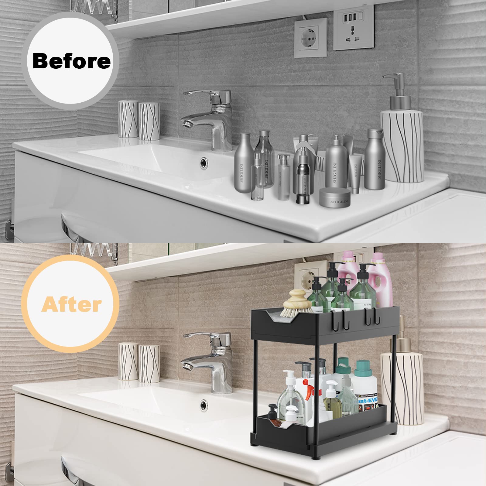 2-Tier Under Sink Organizer, Double Sliding Cabinet Storage Drawer, Storage Pull For Home Bathroom Kitchen Pantry Office, with 4 Hooks 2 Hanging Cups 4 Dividers 4 Non-Slip Feet