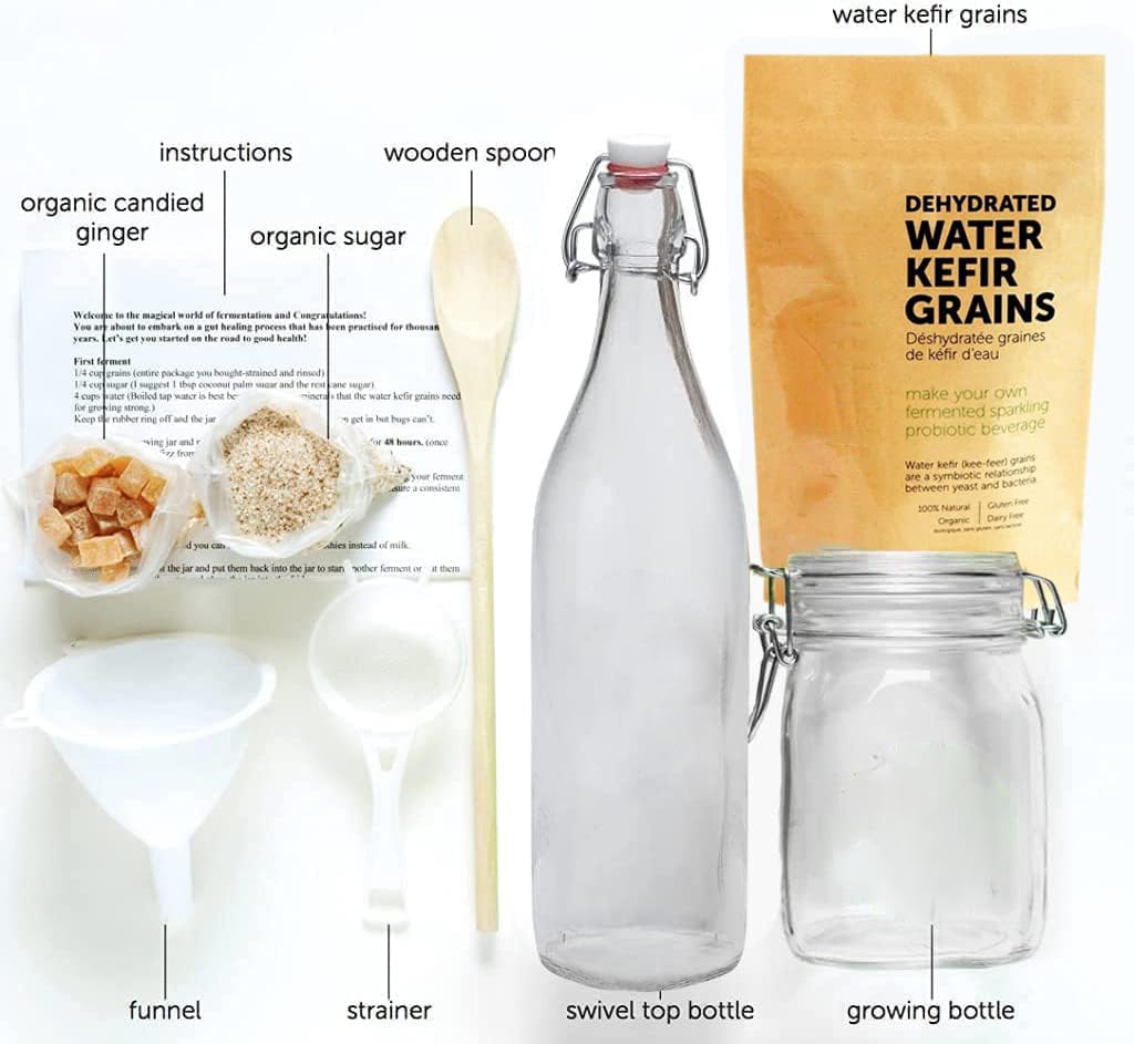 8pc Complete Water Kefir Starter Kit - Water Kefir Supplies Includes All You Need | Water Kefir Grains Grown in Organic Specialty Sugars and Natural Spring Water