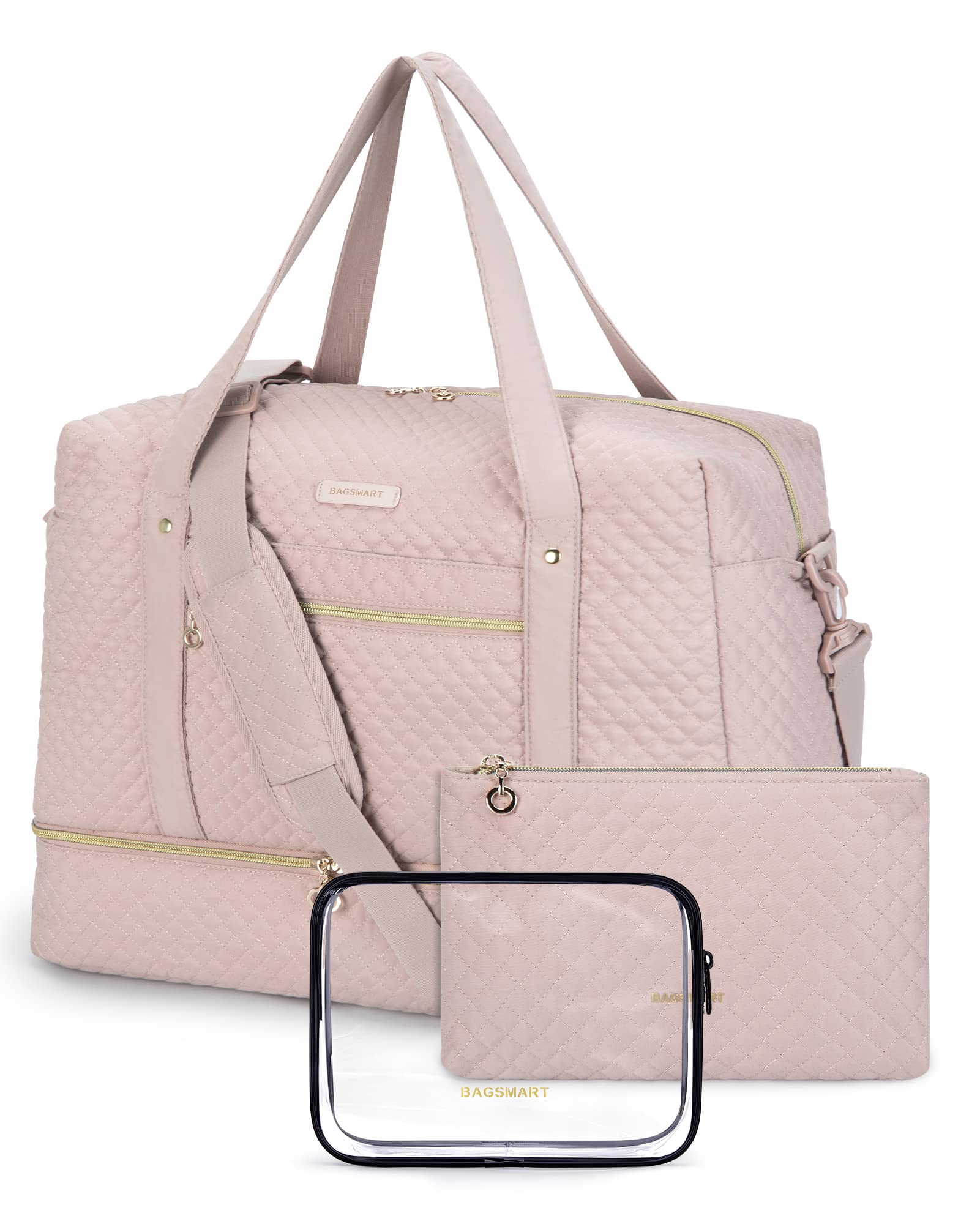 BAGSMART Travel Duffle Bag 3 Pcs Set Weekender Overnight Bag for Women with Makeup Bag & Clear Toiletry Bag, Carry On Bag with Shoe Compartment for Travel, Business Trips(Pink)
