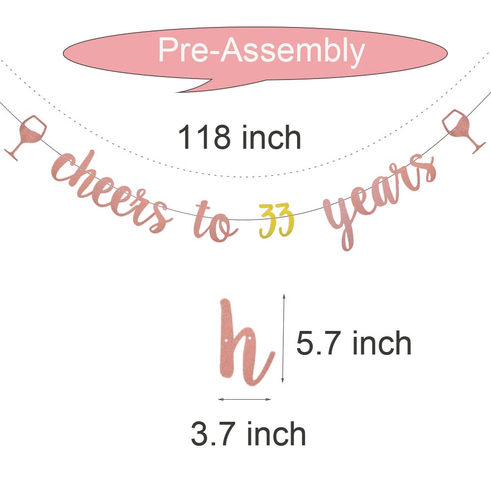 WEIANDBO Cheers to 33 Years Rose Gold Glitter Banner,Pre-Strung,33rd Birthday / Wedding Anniversary Party Decorations Bunting Sign Backdrops,cheers to 33 Years