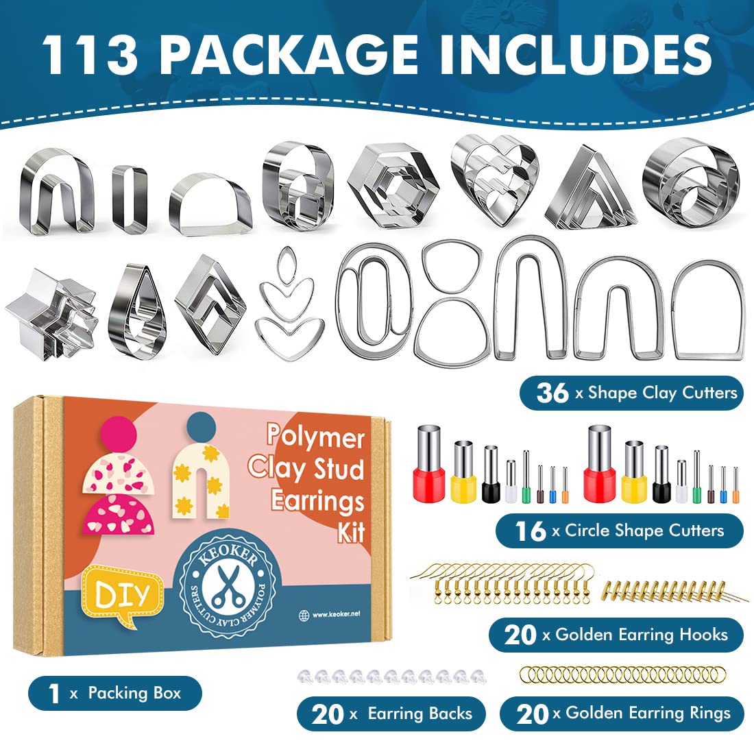 keoker Polymer Clay Cutters Set, 36 Shapes Stainless Steel Clay Cutters with 16 Circle Shape Cutters and 60 Earrings Accessories, Clay Earing Cutters for Polymer Clay Jewelry Making