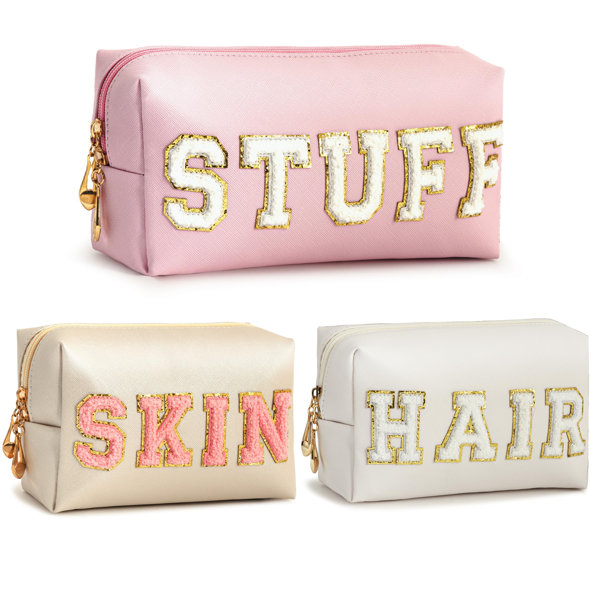 HBlife Pack of 3 Preppy Makeup Bag PU Leather Travel Toiletry Bag Set for Women Portable Chenille Letter Cosmetic Bag Waterproof Pouch Cute Zipper Organizer, Stuff, Skin and Hair