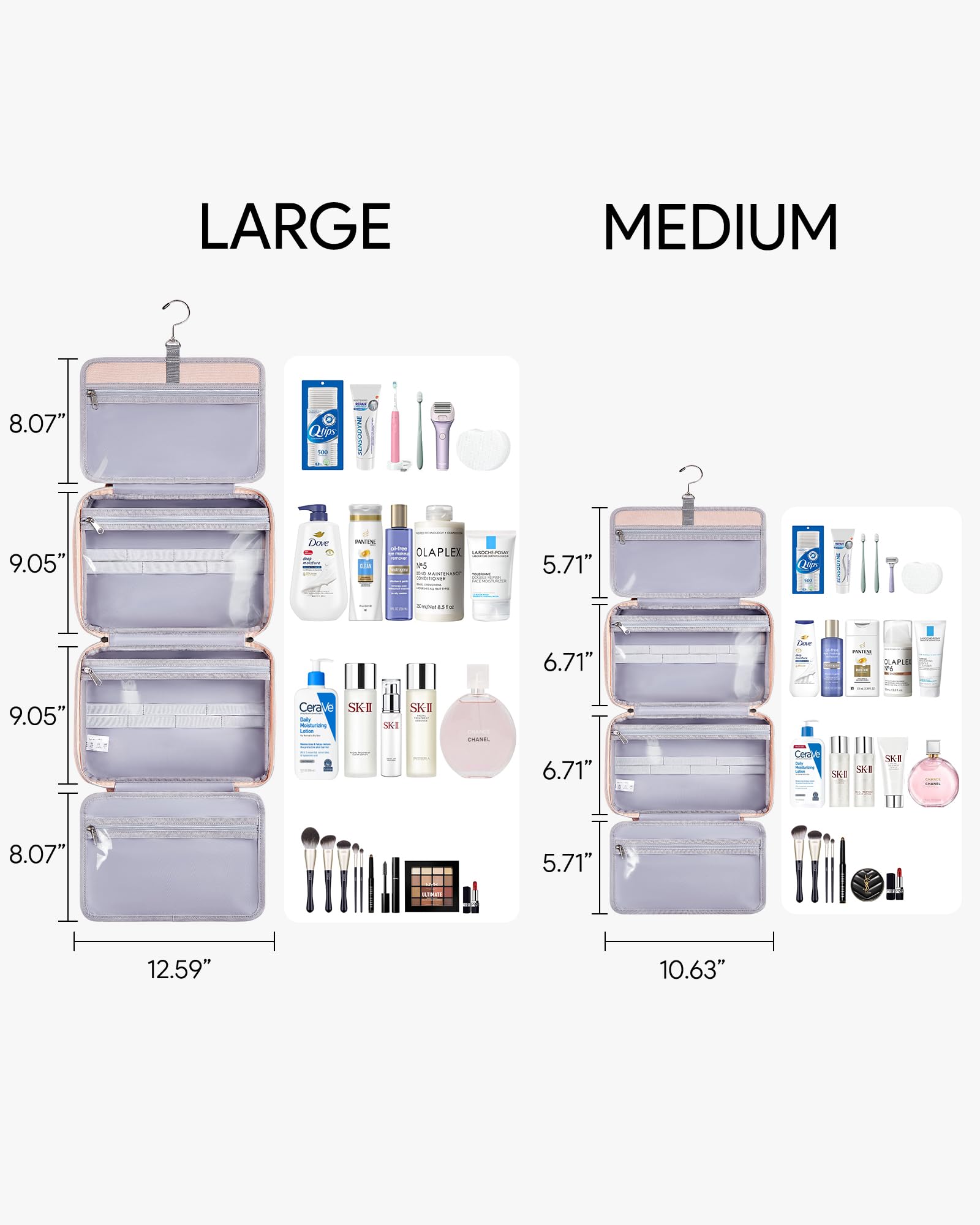 OlarHike Toiletry Bag,Large Size Waterproof Hanging Bags, Makeup Jewelry 3 in 1 Essentials Travel Packing Organizers, Fulled-Sized Family Pack, Shampoo, Conditioner, Brushes Set (Pink)