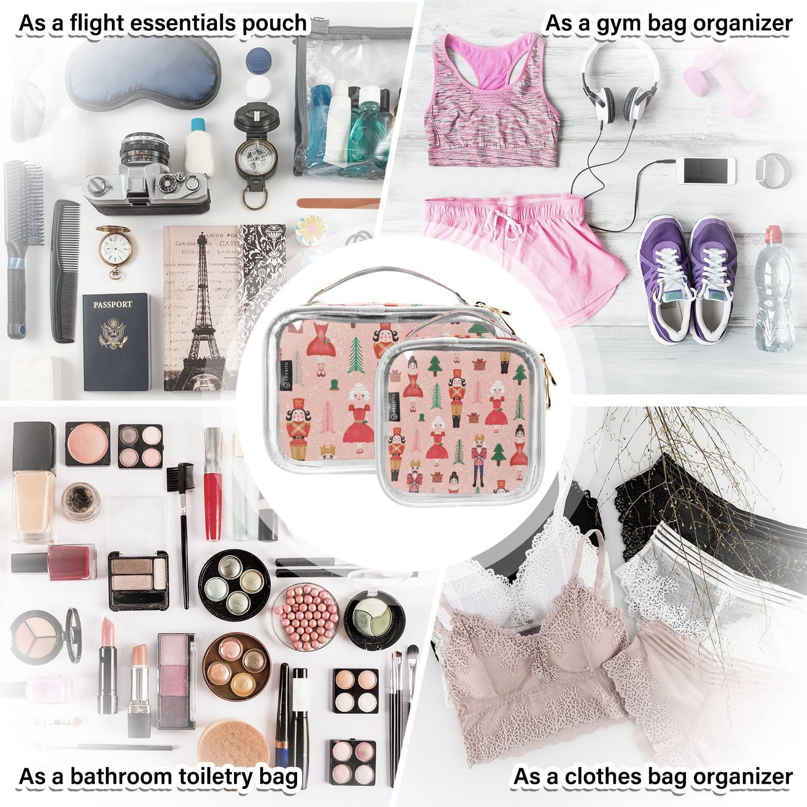 Pink Tree Nutcrackers 2 Pieces Clear Makeup Cosmetic Toiletry Bags for Women PVC Waterproof Portable Travel Storage Carry Pouch with Gold Zippers Organizer Case for Vacation Organizing Traveling