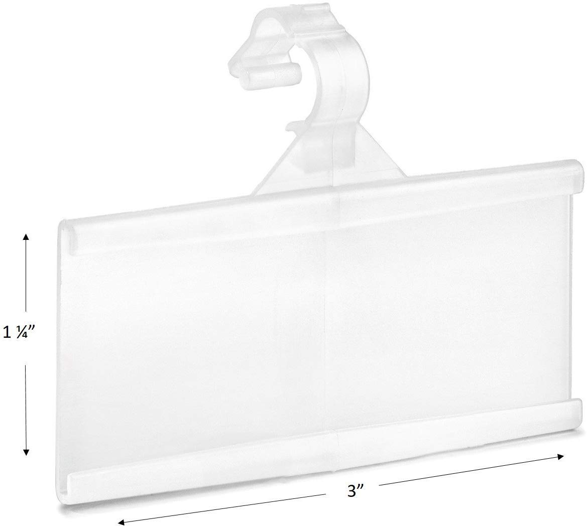 Pack of 100 – Plastic Wire Shelf Label Holder, Sign and Ticket Holder, Easy Clip Design with Tight Snap Lock Closure. Height, 1-1/4" X Width, 3" | 100 Label Inserts Included