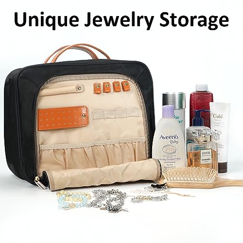 TOUCHFEEL Hanging Toiletry Bag for Women, Travel Makeup Bag Organizer, Extra Large Toiletries Bag, Water-resistant Bathroom Cosmetic Bag with Jewelry Organizer Compartment (Black, Medium)