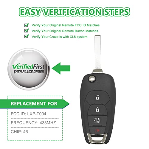 Extra-Partss Keyless Remote Car Key Fob Replacement for 2016 2017 2018 2019 Cruze (XL8 Systems Only) 4 Button LXP-T004 433Mhz (1)