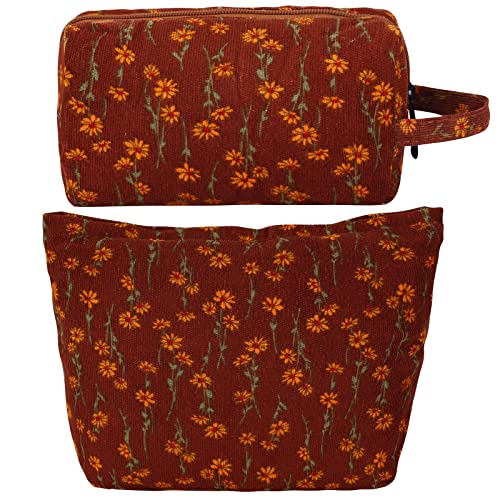 MHDGG 2 Pieces Makeup Bag Set Large Travel Makeup Bag Floral Cosmetic Bag Makeup Bag Pouch Travel Cosmetic Organizer for Women,Brown