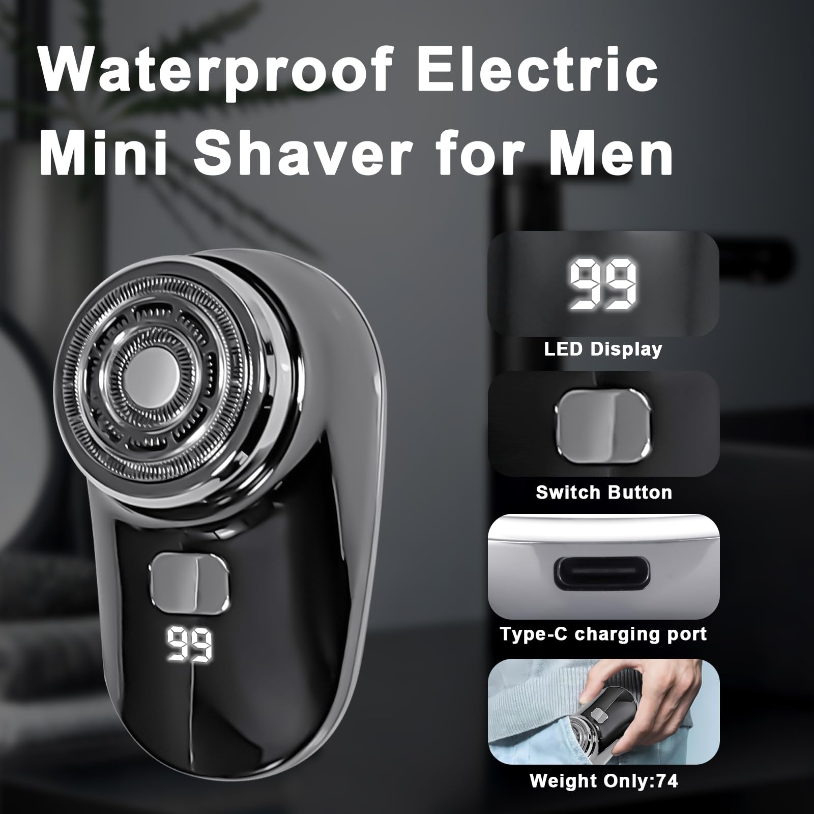 Ssoiew Mini Shaver, Portable Electric Razor for Men, Waterproof & Pocket Size, Wet & Dry, USB Rechargeable, Compact & Portable Travel, Powerful Shaver for Men (Silver)