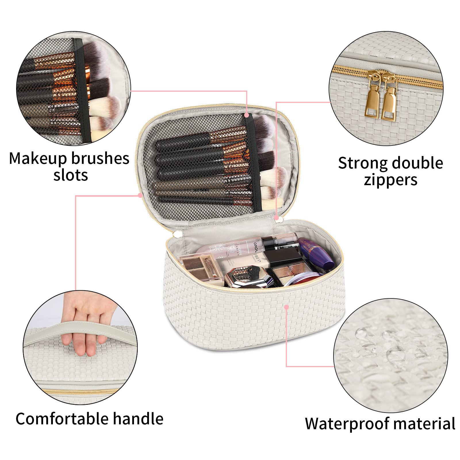 KTMOUW Makeup Bag 3 Pcs Waterproof Cosmetic Bag Set Portable Travel Cosmetic Bag Multifunction Organizer Storage Bag Weave Toiletry Bag for Women, Beige