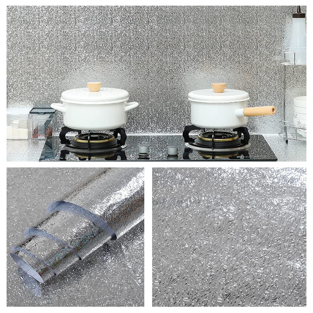 Kitchen Backsplash Stickers Self Adhesive Aluminum Foil Wallpaper, Oil Proof Heat Resistant Kitchen Wall Stickers for Cabinet Countertops Drawer Liner Shelves (15.7Inch x 16.4Ft)