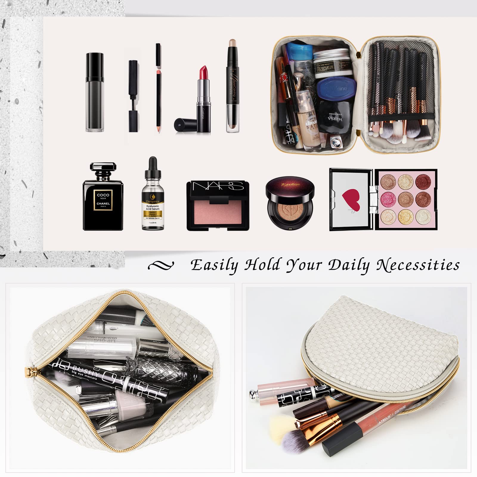 KTMOUW Makeup Bag 3 Pcs Waterproof Cosmetic Bag Set Portable Travel Cosmetic Bag Multifunction Organizer Storage Bag Weave Toiletry Bag for Women, Beige