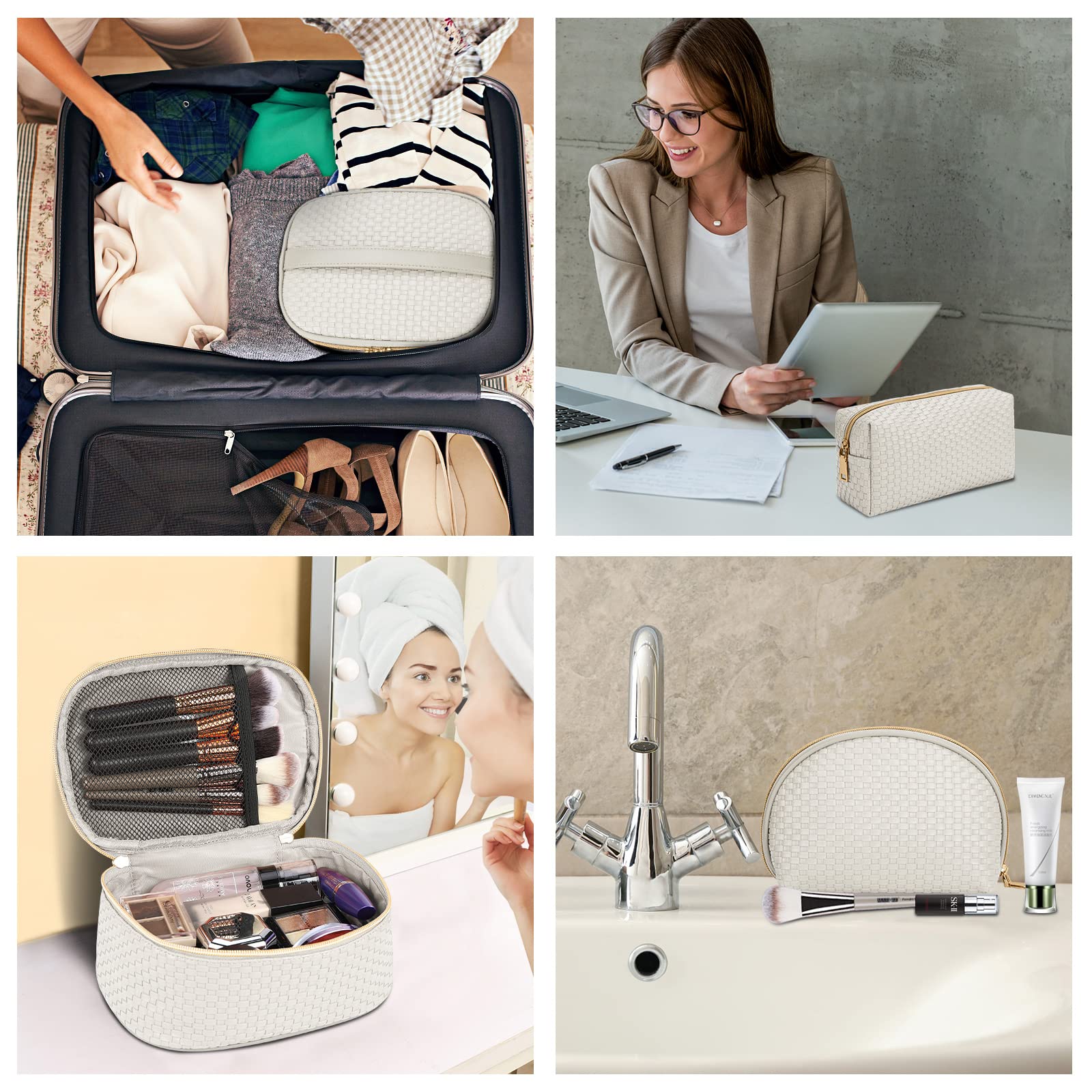 KTMOUW Makeup Bag 3 Pcs Waterproof Cosmetic Bag Set Portable Travel Cosmetic Bag Multifunction Organizer Storage Bag Weave Toiletry Bag for Women, Beige