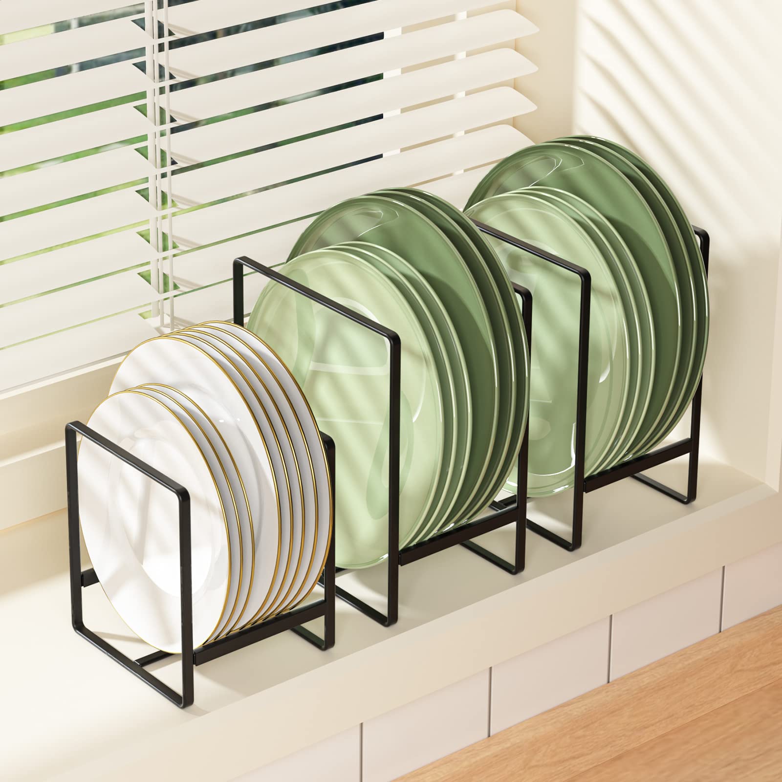 Hikinlichi 2 Pack Large Plate Holders Organizers Upright Cabinet Dish Drying Racks Metal Plate Dish Organizers Racks Stands for Countertop and Cupboard 7.87in. x 6.29in. x 4.52in. Black