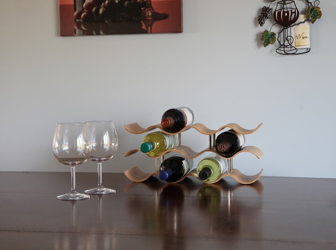 Lily's Home Countertop Wave Wine Rack, Wood, Elegant and Modern, Table Top Wine Storage (Oak, 11 Bottles)