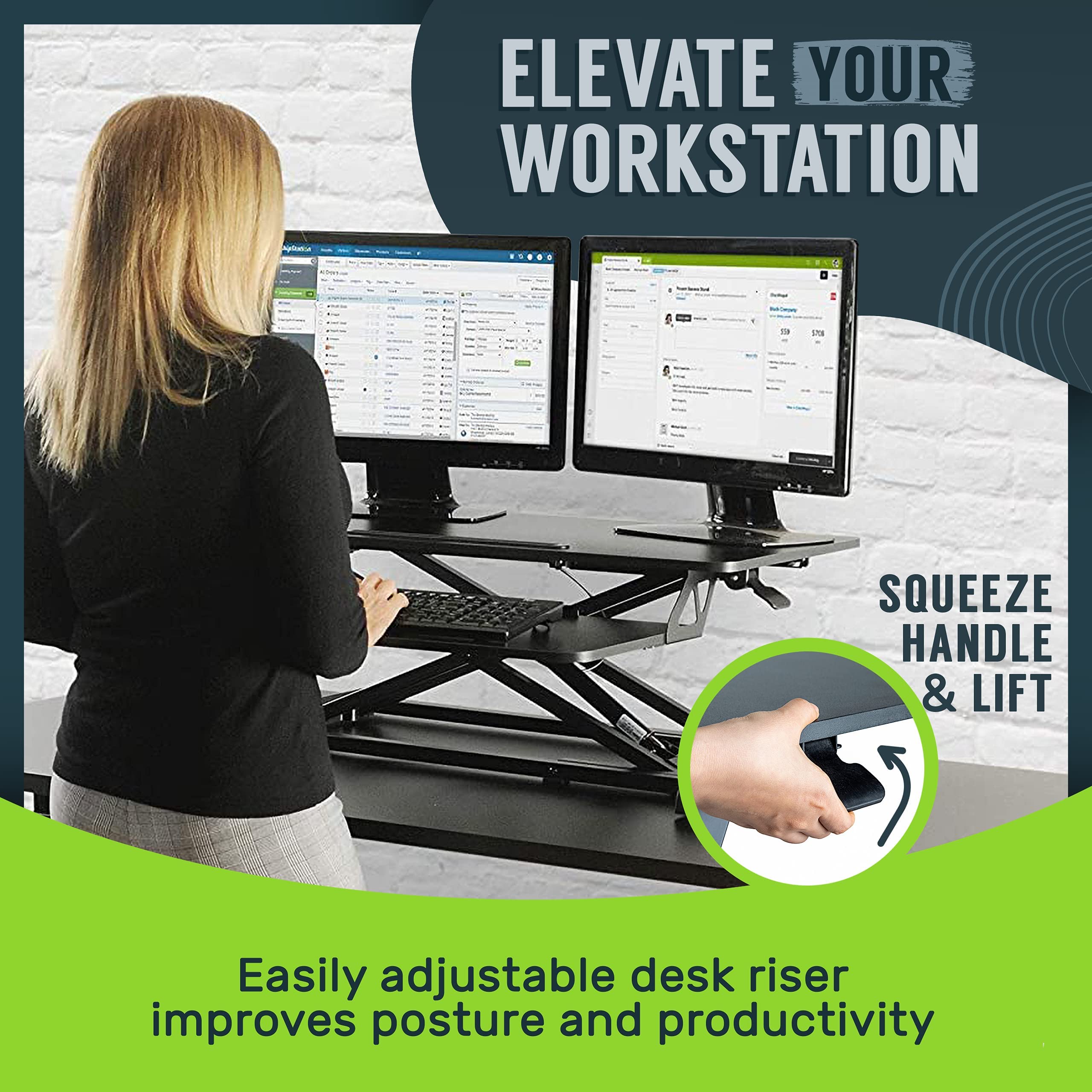 TechOrbits Standing Desk Converter - Particle Board, Adjustable Height Sit to Stand Up Desk Riser for Home Office - Computer, Laptop & Dual Monitor Workstation & Machine Stand - 32 Inch, Wood