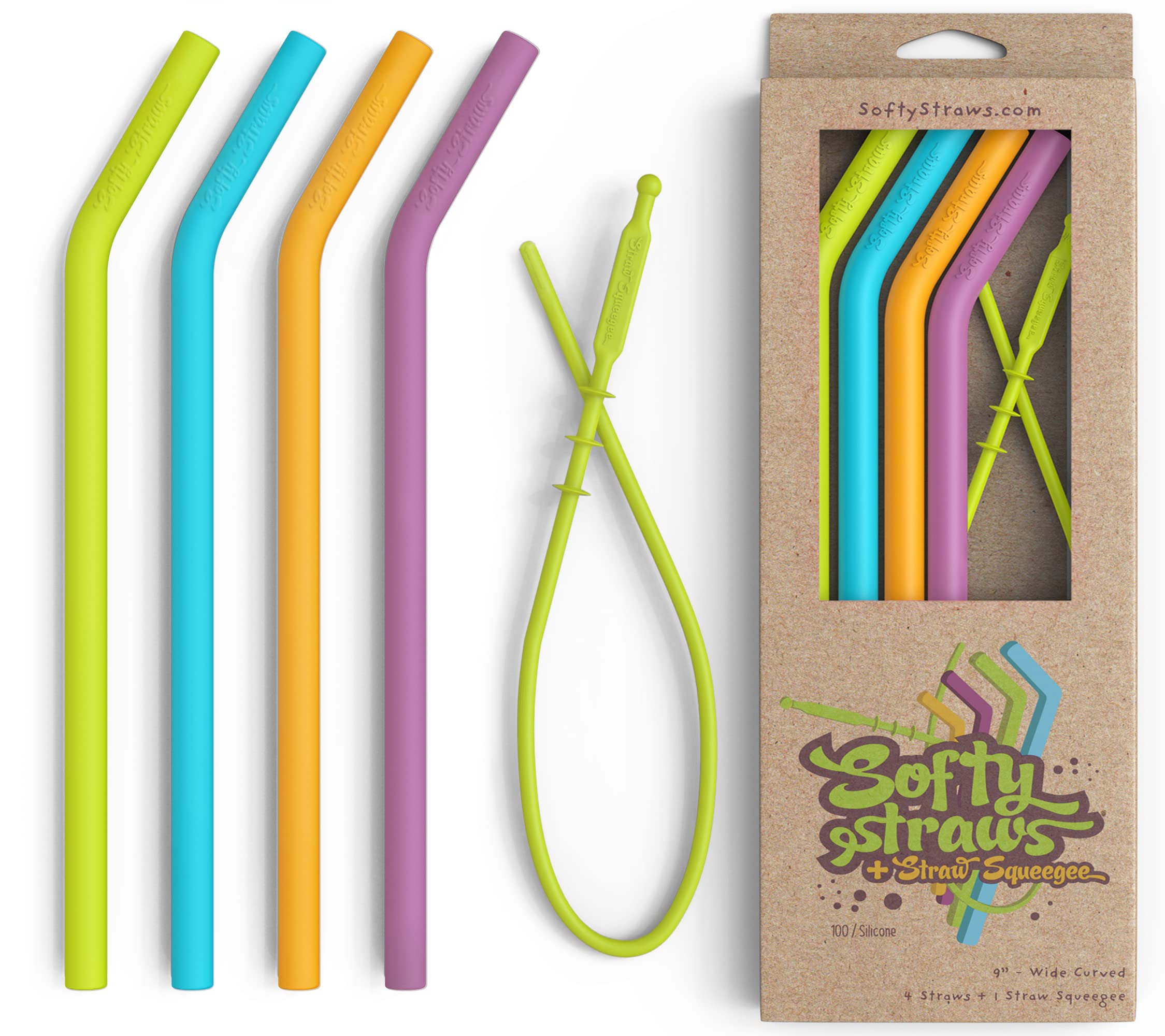 Softy Straws Premium Reusable Silicone Drinking Straws + Patented Straw Squeegee - 9” Long With Curved Bend for 20/30/32oz Tumblers - BPA Free (Non-Rubber), Flexible, Bendy, Safe for Kids / Toddlers