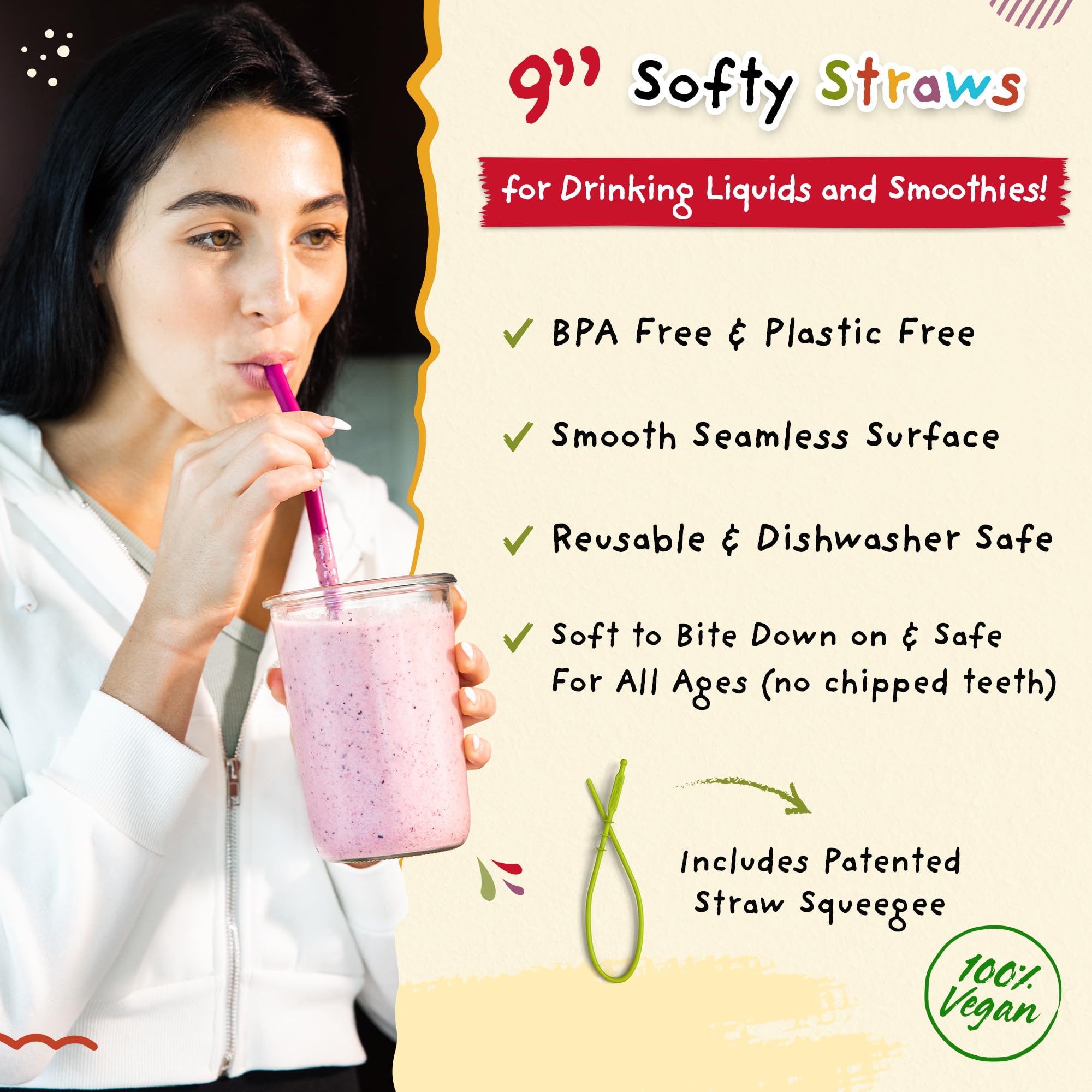 Softy Straws Premium Reusable Silicone Drinking Straws + Patented Straw Squeegee - 9” Long With Curved Bend for 20/30/32oz Tumblers - BPA Free (Non-Rubber), Flexible, Bendy, Safe for Kids / Toddlers