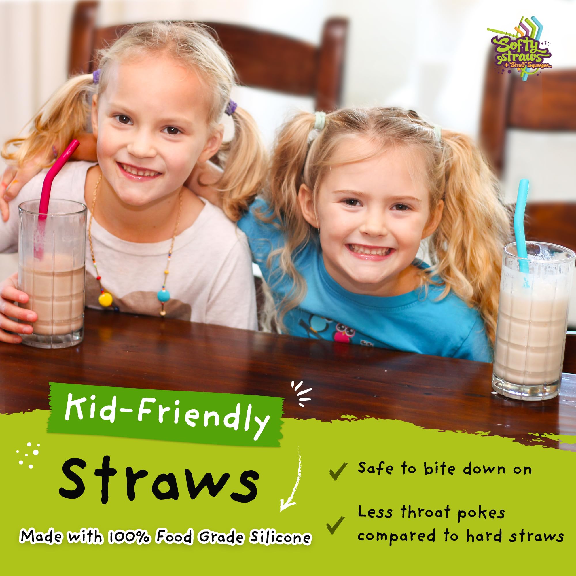 Softy Straws Premium Reusable Silicone Drinking Straws + Patented Straw Squeegee - 9” Long With Curved Bend for 20/30/32oz Tumblers - BPA Free (Non-Rubber), Flexible, Bendy, Safe for Kids / Toddlers