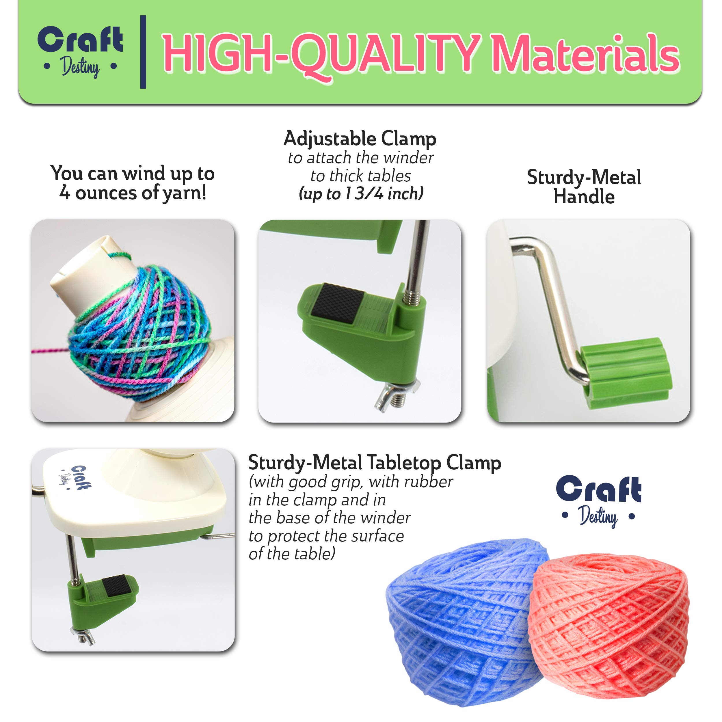 Yarn Winder by Craft Destiny - Easy to Set Up and Use - Hand Operated Yarn Ball Winder 4 Ounce Capacity - Sturdy with Metal Handle and Tabletop Clamp - Knitting kit Included