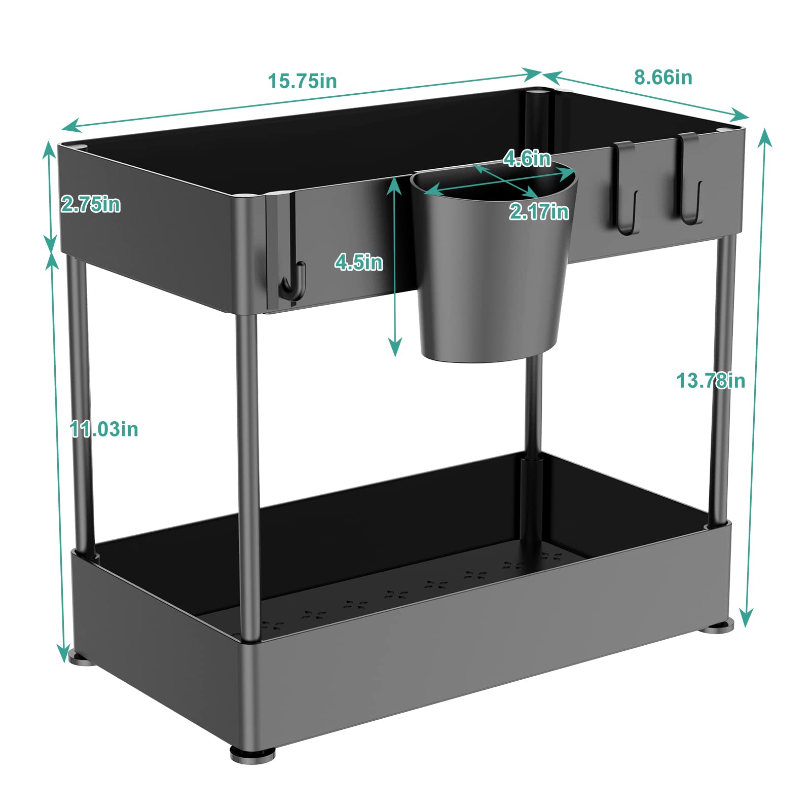 Giergt Under Sink Organizers and Storage, Bathroom Organizer Under Sink, 2-Tier Organizer with 6 Hooks, Multi-purpose Under Kitchen Sink Storage, Black Under Sink Shelf Organizer Rack