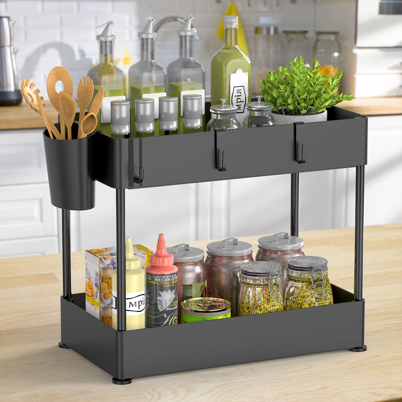 Giergt Under Sink Organizers and Storage, Bathroom Organizer Under Sink, 2-Tier Organizer with 6 Hooks, Multi-purpose Under Kitchen Sink Storage, Black Under Sink Shelf Organizer Rack