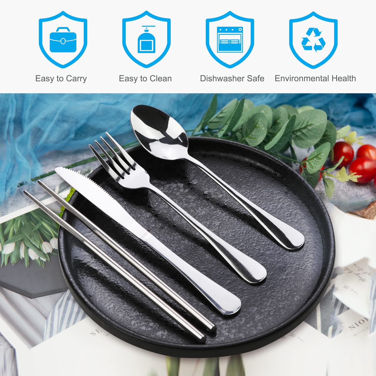 5PCS Portable Silverware Set with Case, Lengnoyp Travel Camping Utensils Set, Premium Stainless Steel Travel Cutlery Set, Reusable Safe Flatware Sets for Lunch Box/Workplace/Students/Kids, Silver