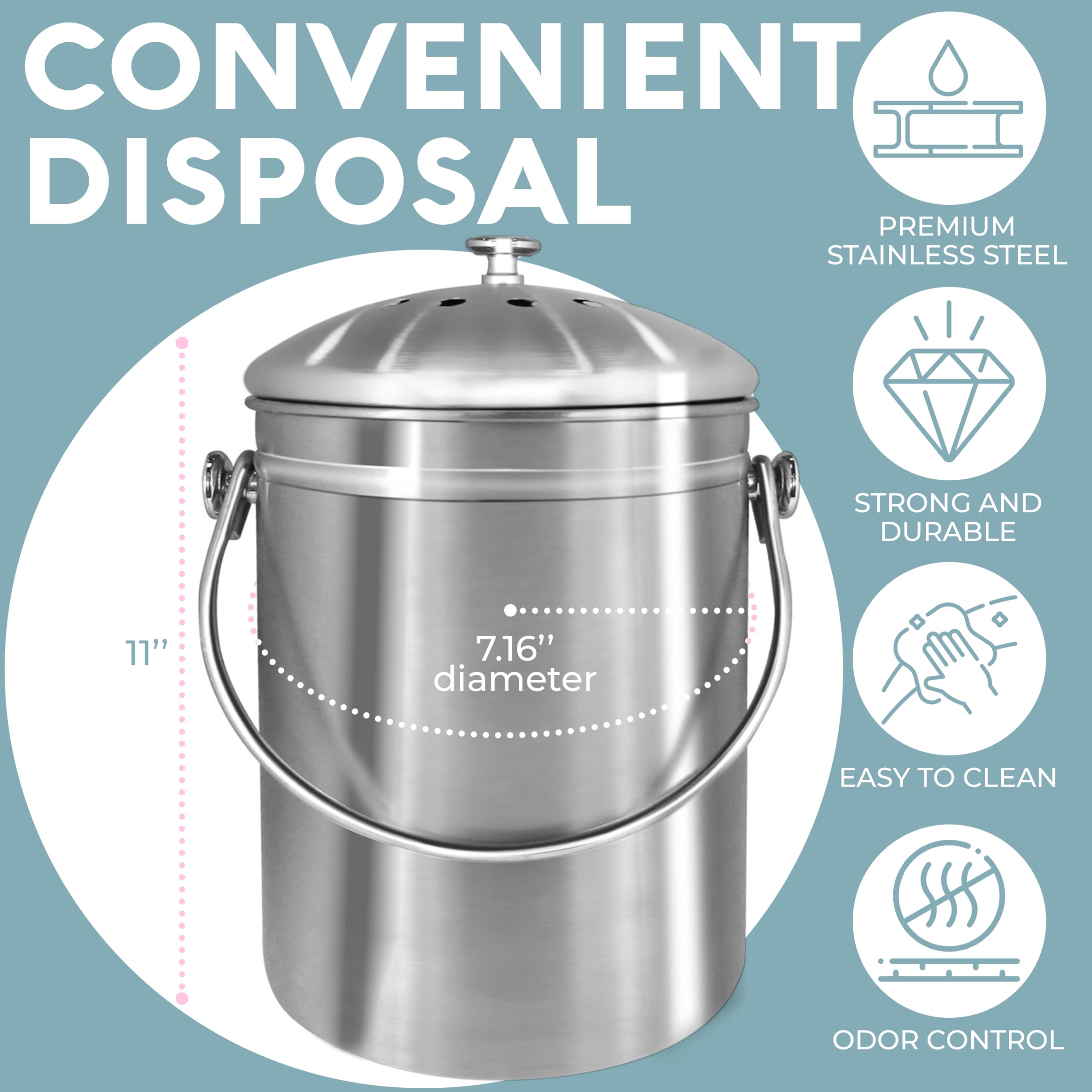 EPICA Stainless Steel Compost Bin 1.3 Gallon-Includes Charcoal Filter