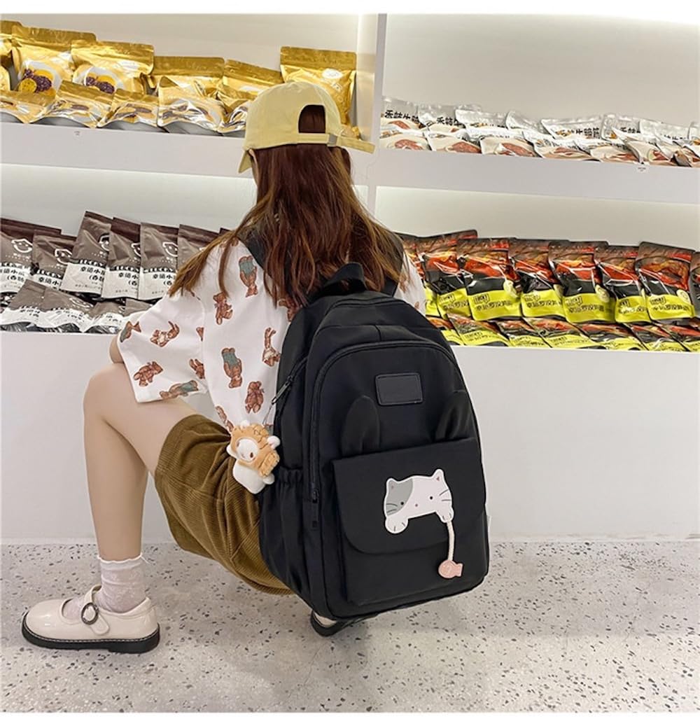 Kawaii Backpack Japanese Cute Cat School Backpack with Plushies Aesthetic Backpack for Teen Girls Back to School Supplies (Pink)