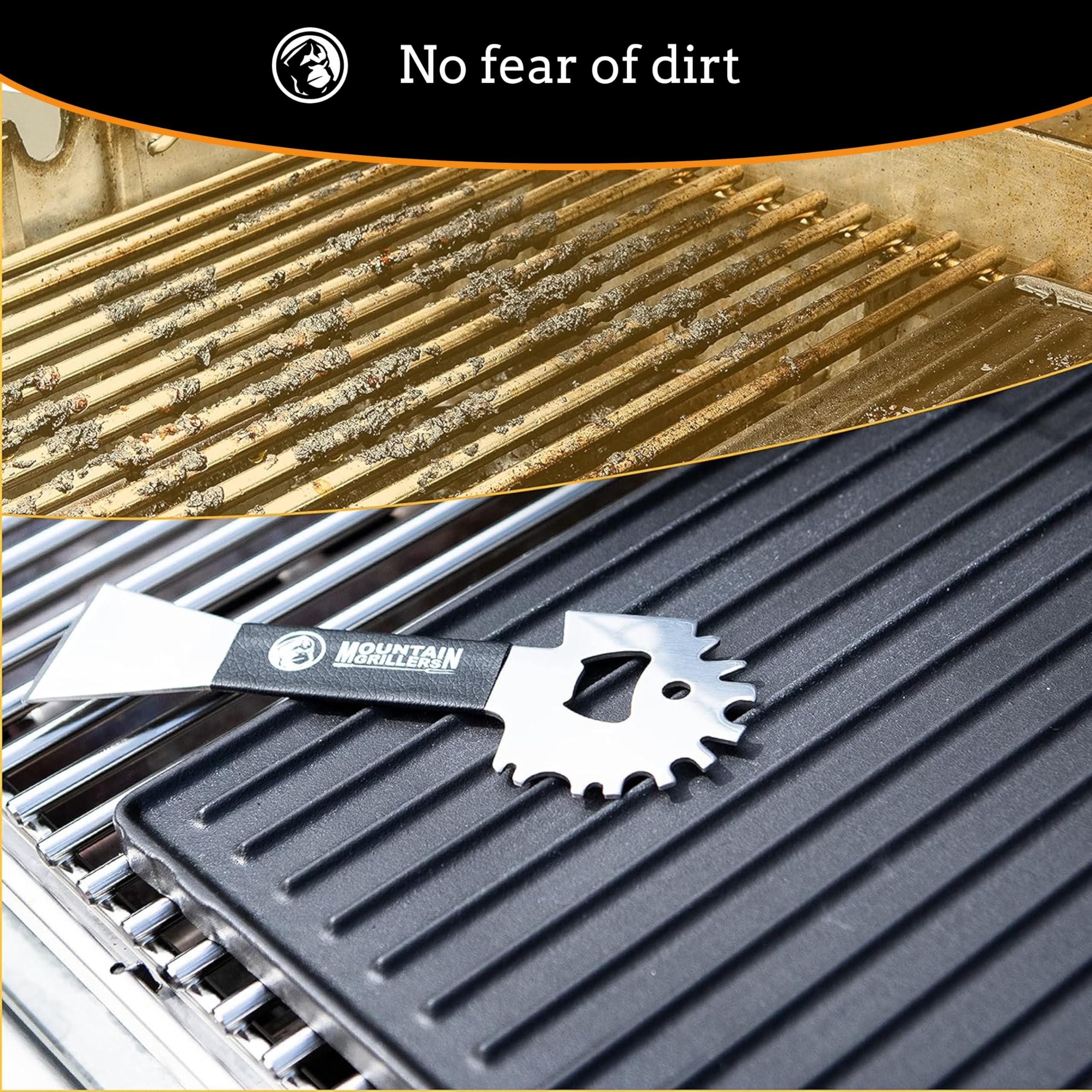 BBQ Grill Grate Scraper - Wide Portable Grill Scrubber Fits Almost Any Grill, Griddle, Smoke Or Oven Grates - Compact Non Slip Stainless Steel Grill Cleaner Tool with Built in Bottle Opener