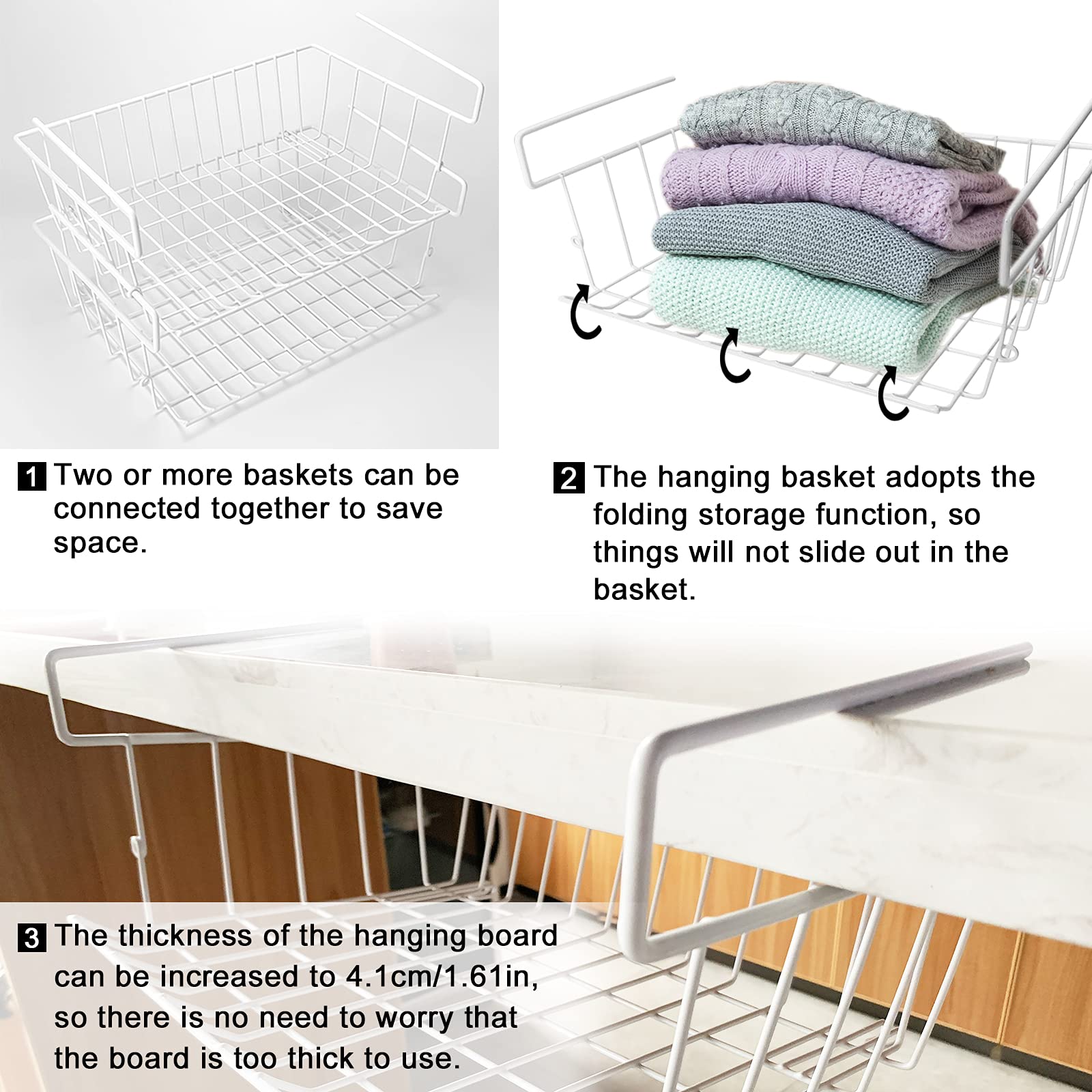 Under Shelf Basket , 2 Pack White Wire Under Shelf Basket , Slides Under Shelves for Storage, Space Saving for Kitchen Counter Pantry Desk Bookshelf Cupboard
