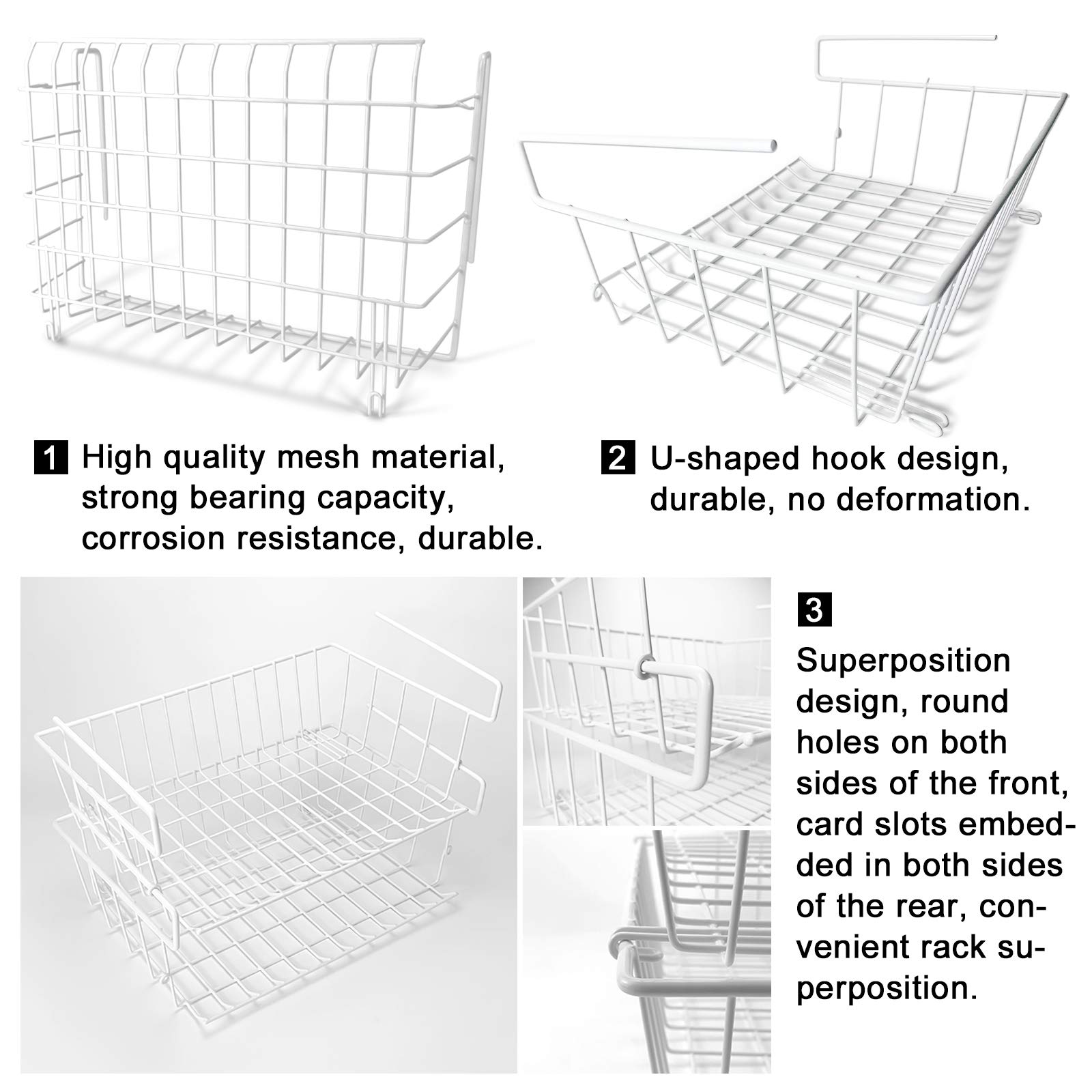 Under Shelf Basket , 2 Pack White Wire Under Shelf Basket , Slides Under Shelves for Storage, Space Saving for Kitchen Counter Pantry Desk Bookshelf Cupboard
