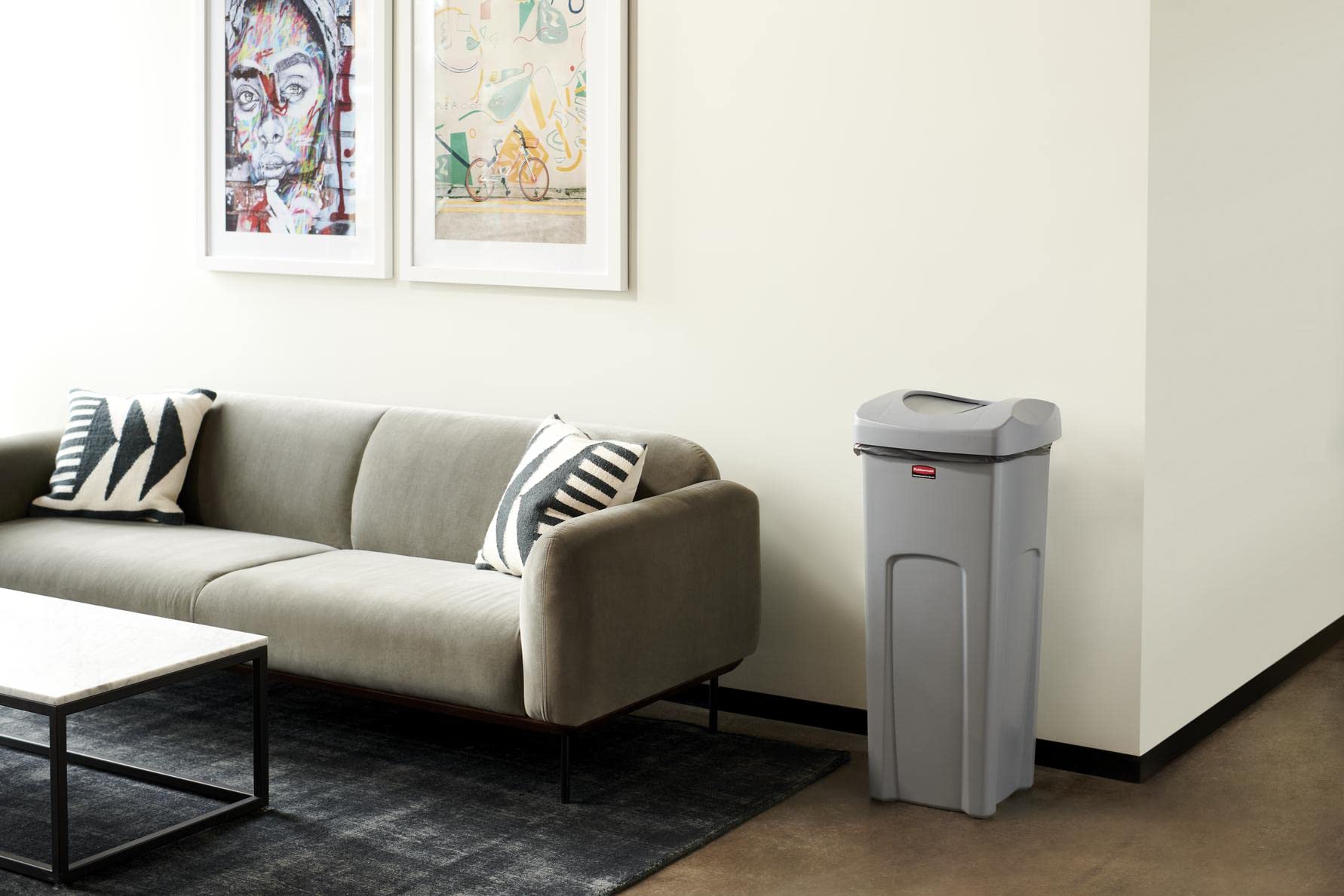 Rubbermaid Commercial Products Untouchable Square Trash/Garbage Container with Lid, 23-Gallon, Gray, Wastebasket for Outdoor/Restaurant/School/Kitchen