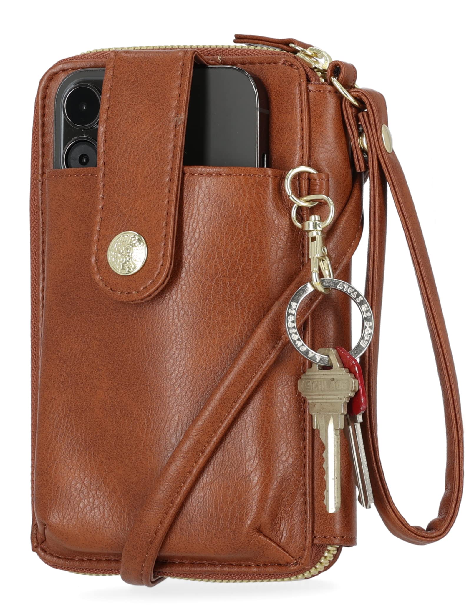 Mundi Jacqui RFID Blocking Crossbody Wallet Bag for Women, Compact Travel Size Cell Phone Holder Purse Vegan Leather, Brown Sugar