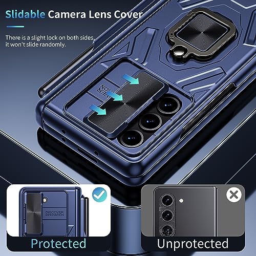 WSKEN for Samsung Galaxy Z Fold 5 Case with S Pen Holder [Built-in Privacy Screen Protector] [Hinge Protection][Slide Camera Cover][360° Ring Magnetic Stand] Heavy Duty Protective Phone Cover-Blue