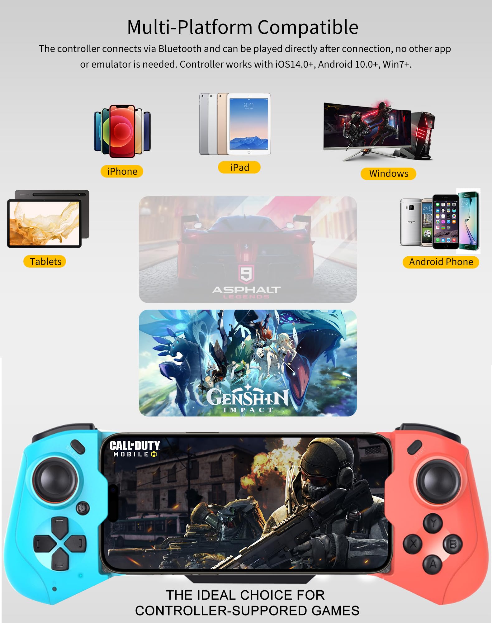 Joso Mobile Game Controller for iPhone, Android, PC, Steam, Direct Play, 15 Hours Playtime, Phone Controller Gamepad Joystick for iPhone 14 13 12 Pro Max, Galaxy S23 S22 Ultra, iPad, Tablet, MFi Games