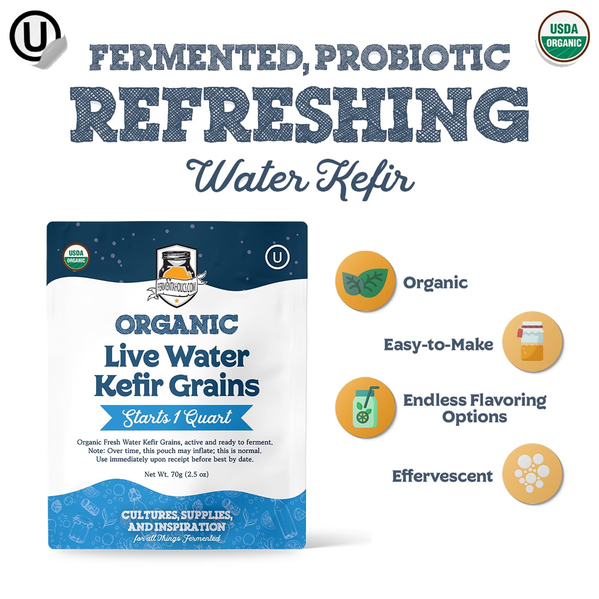 Fermentaholics ORGANIC Water Kefir Grains - Live Starter Culture - Makes a Quart Batch - Water Kefir Starter Grains - Brew Your Own Water Kefir At Home - Bulgaros De Agua