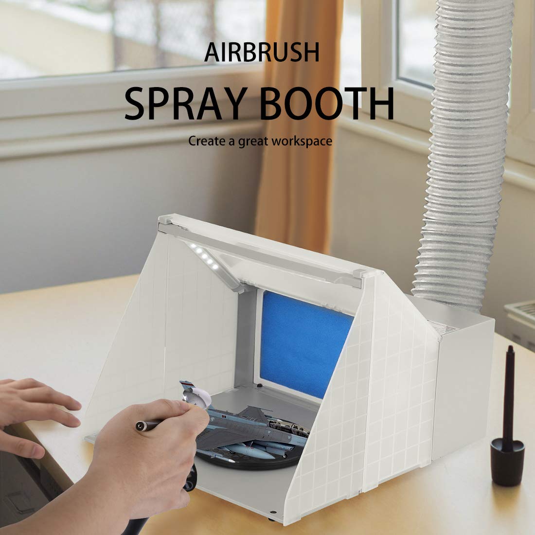 VIVOHOME Portable Airbrush Paint Spray Booth Kit with 3 LED Lights Turn Table and Filter Hose for Model Cake Craft Nail Toy Part