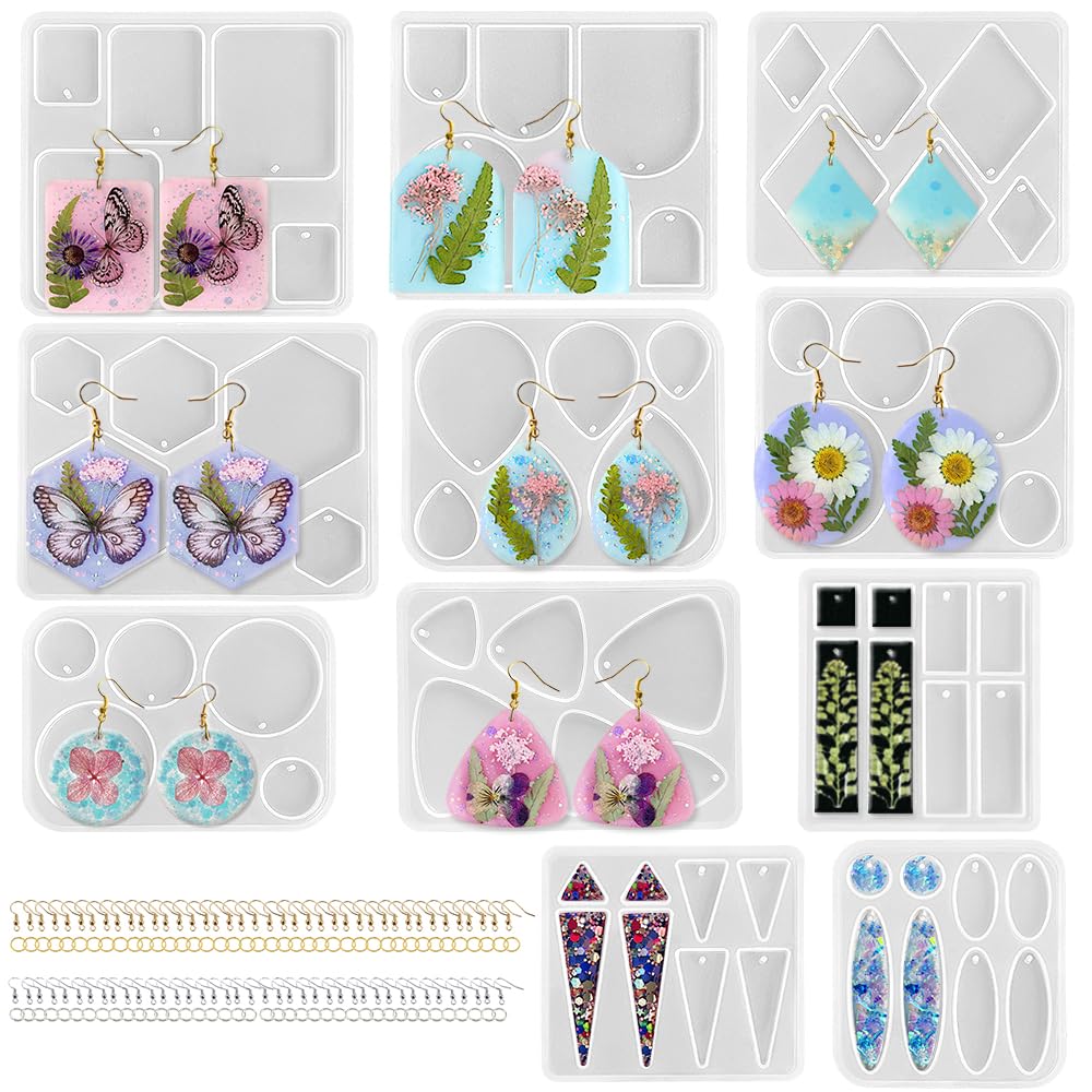 RESINWORLD Variety Size Earrings Molds for Resin, Stud Dangle Drop Earrings Resin Molds with Hole, Arch/Oval/Hexagon Silicone Molds for Keychain Charm Pendant Jewelry Making