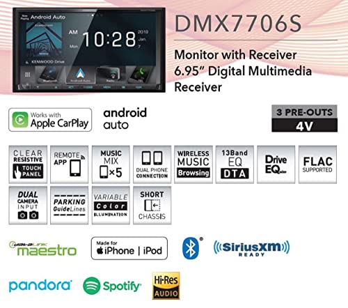 Kenwood DMX7706S 6.95" Digital Media Receiver w/Bluetooth, Apple CarPlay and Android Auto