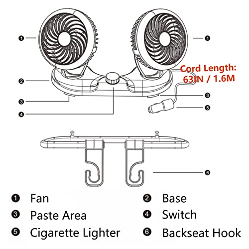 12 V Car Fans for Backseat, Car Cooling Fan with Cigarette Lighter Plug, 360 Degree Dual Head Rotatable Auto Vehicle Fan, Quiet Dashboard Cooling Fan for SUV, RV, Boat