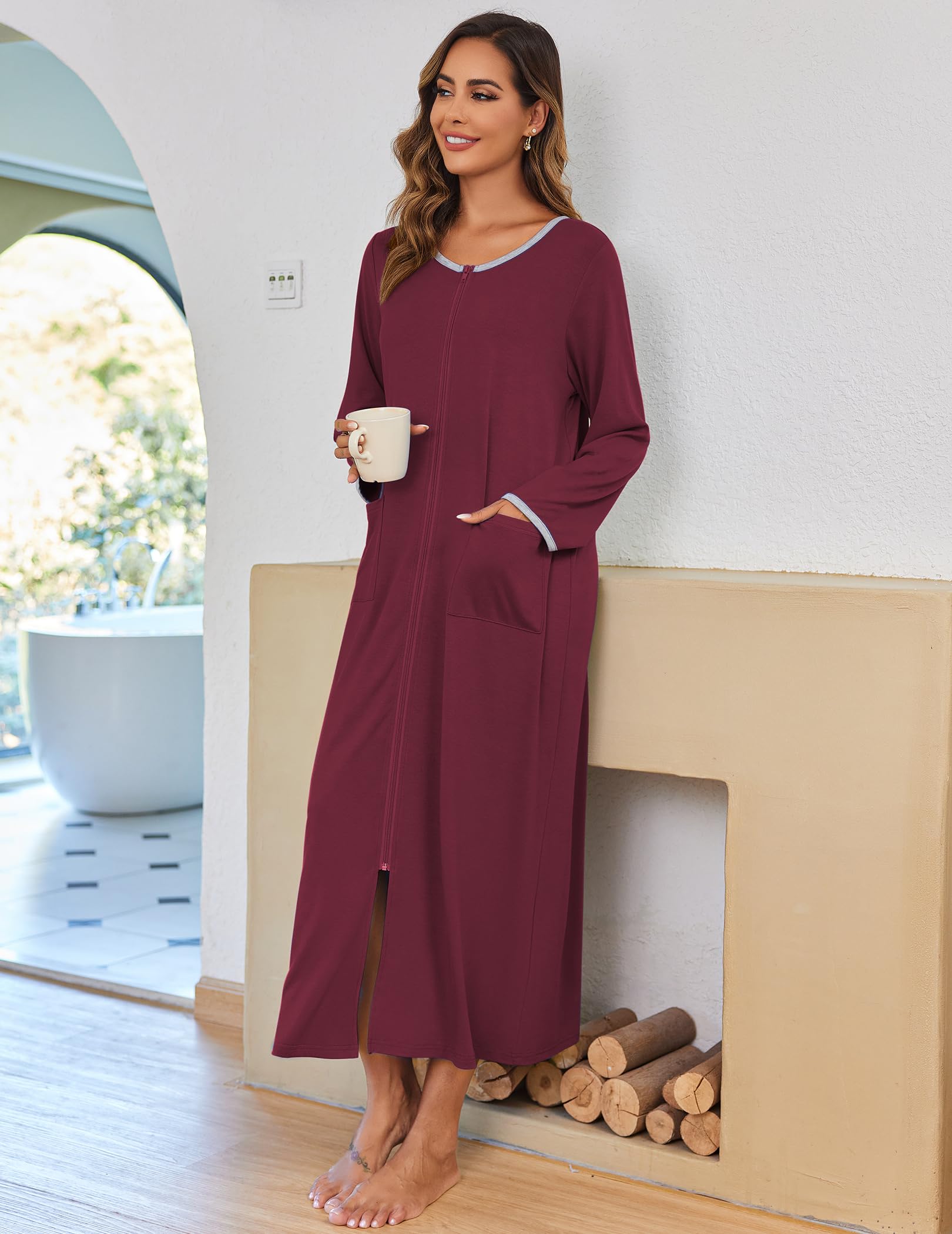 Ekouaer Women Long House Coat Zipper Front Robes Full Length Nightgowns with Pockets Striped Loungewear(Wine Red,X-Large)