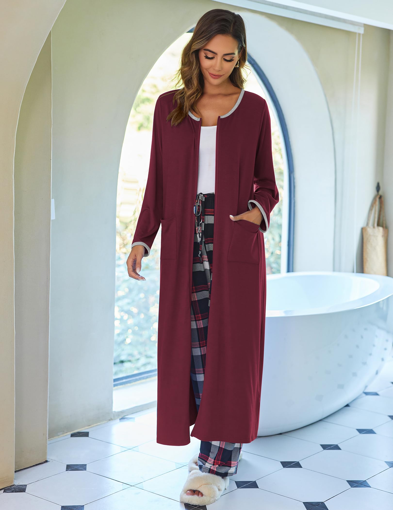 Ekouaer Women Long House Coat Zipper Front Robes Full Length Nightgowns with Pockets Striped Loungewear(Wine Red,X-Large)