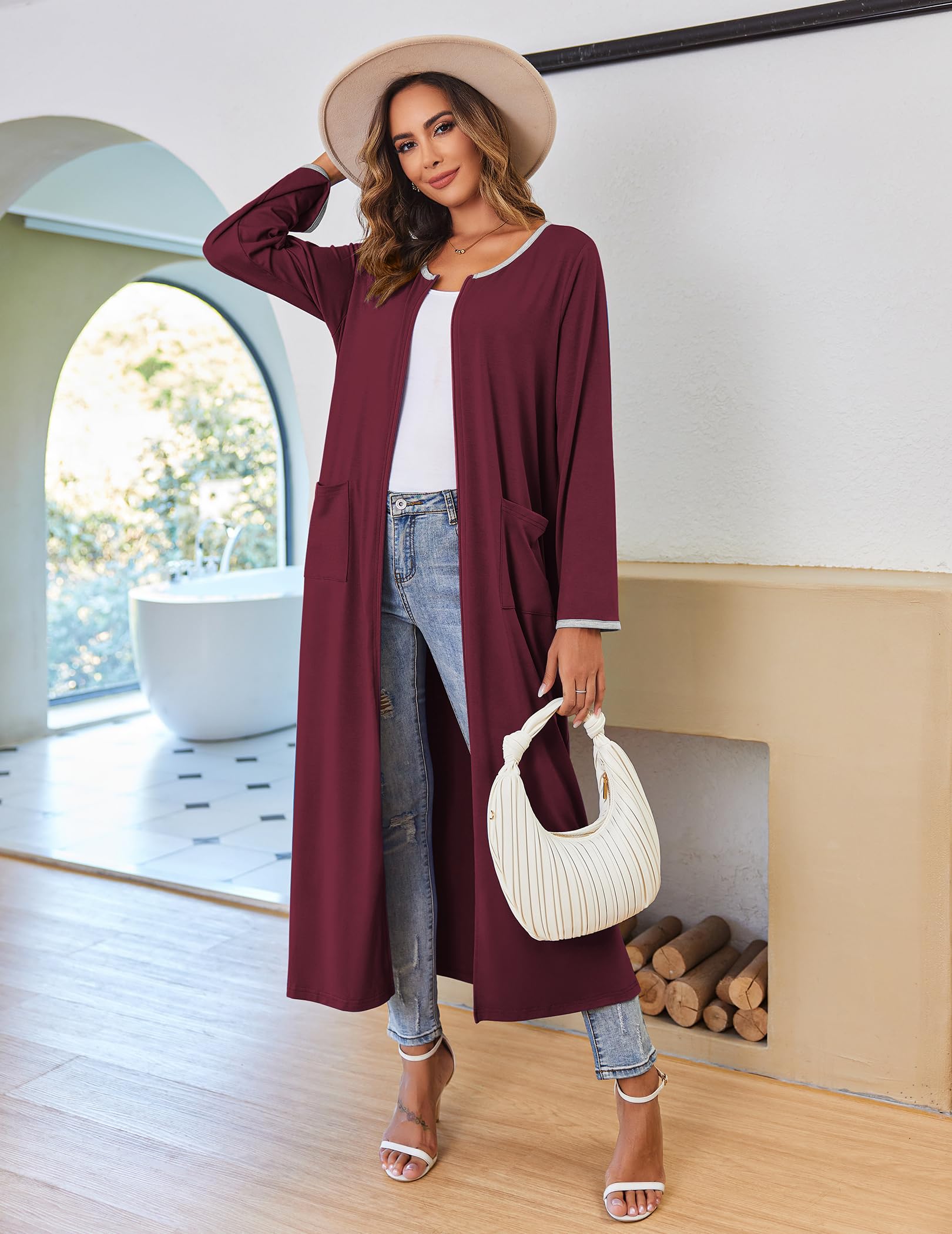 Ekouaer Women Long House Coat Zipper Front Robes Full Length Nightgowns with Pockets Striped Loungewear(Wine Red,X-Large)