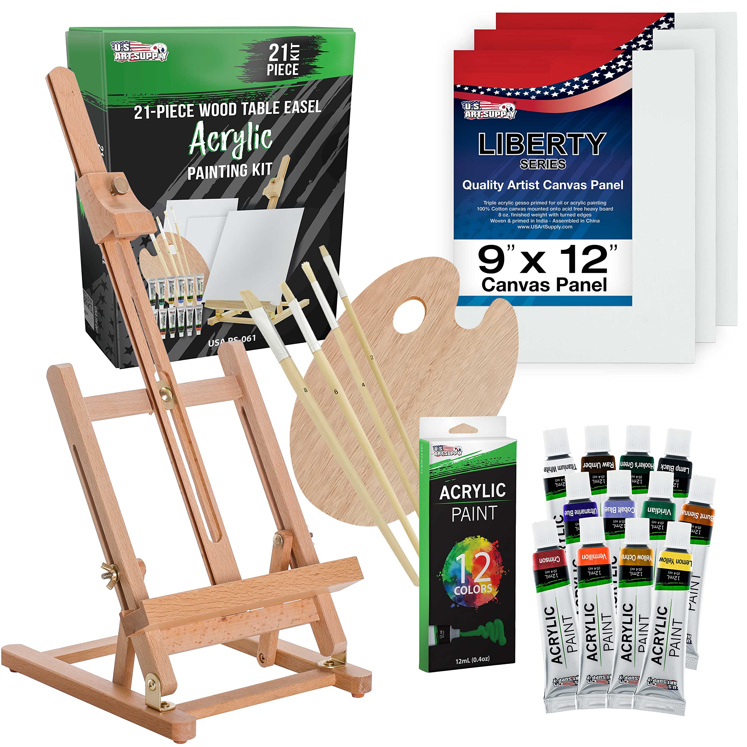 U.S. Art Supply 21-Piece Artist Painting Set with Wooden H-Frame Studio Easel, 12 Vivid Acrylic Paint Colors, 3 Canvas Panels, 4 Brushes, Wood Palette - Fun Kids, School, Students Adults Starter Kit