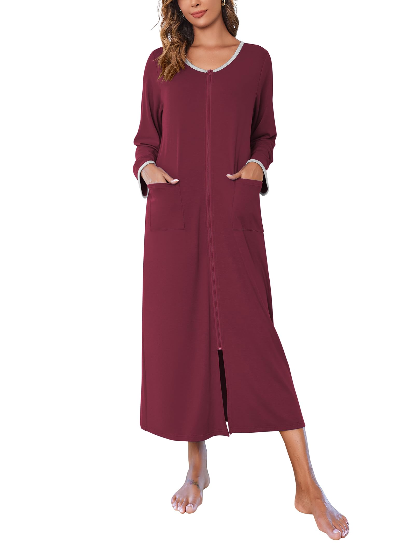 Ekouaer Women Long House Coat Zipper Front Robes Full Length Nightgowns with Pockets Striped Loungewear(Wine Red,X-Large)