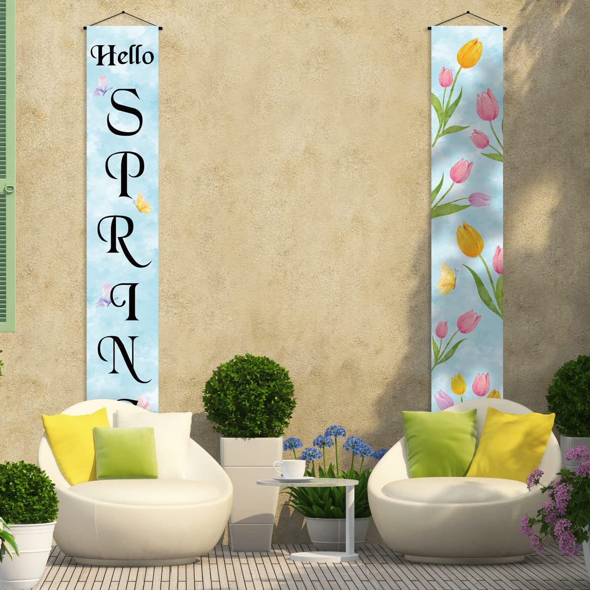 Nepnuser Hello Spring Porch Banner Spring Tulips Flower Front Door Window Wall Indoor Outdoor Decoration Photo Booth Backdrop