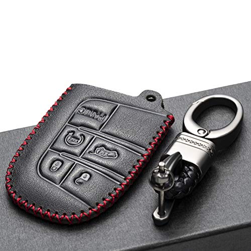 Vitodeco Genuine Leather Smart Key Keyless Remote Entry Fob Case Cover with Key Chain for JEEP, Dodge, Chrysler (5 Buttons, Black/Red)
