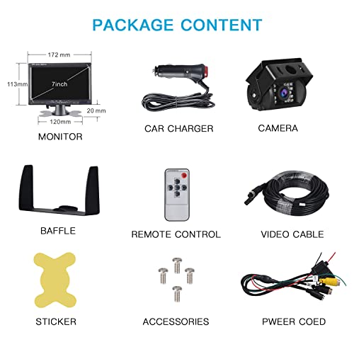 RV Backup Camera System, 7 inch 1080P HD Monitor Vehicle Backup Camera, Waterproof Rear View Camera with Night Vision 18 IR LED Reverse Truck Wired Back Up Camera for Cars/Trailer/Van/Jeep/SUV